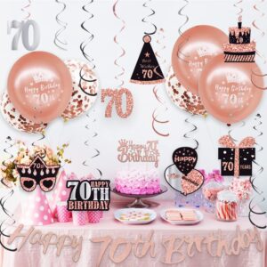 WOJOGO 70th Birthday Decorations Women, Rose Gold 70 Birthday Decorations for Men, Including Happy 70th Birthday Banner Hanging Swirls Birthday Cake Topper Balloons for Party Supplies