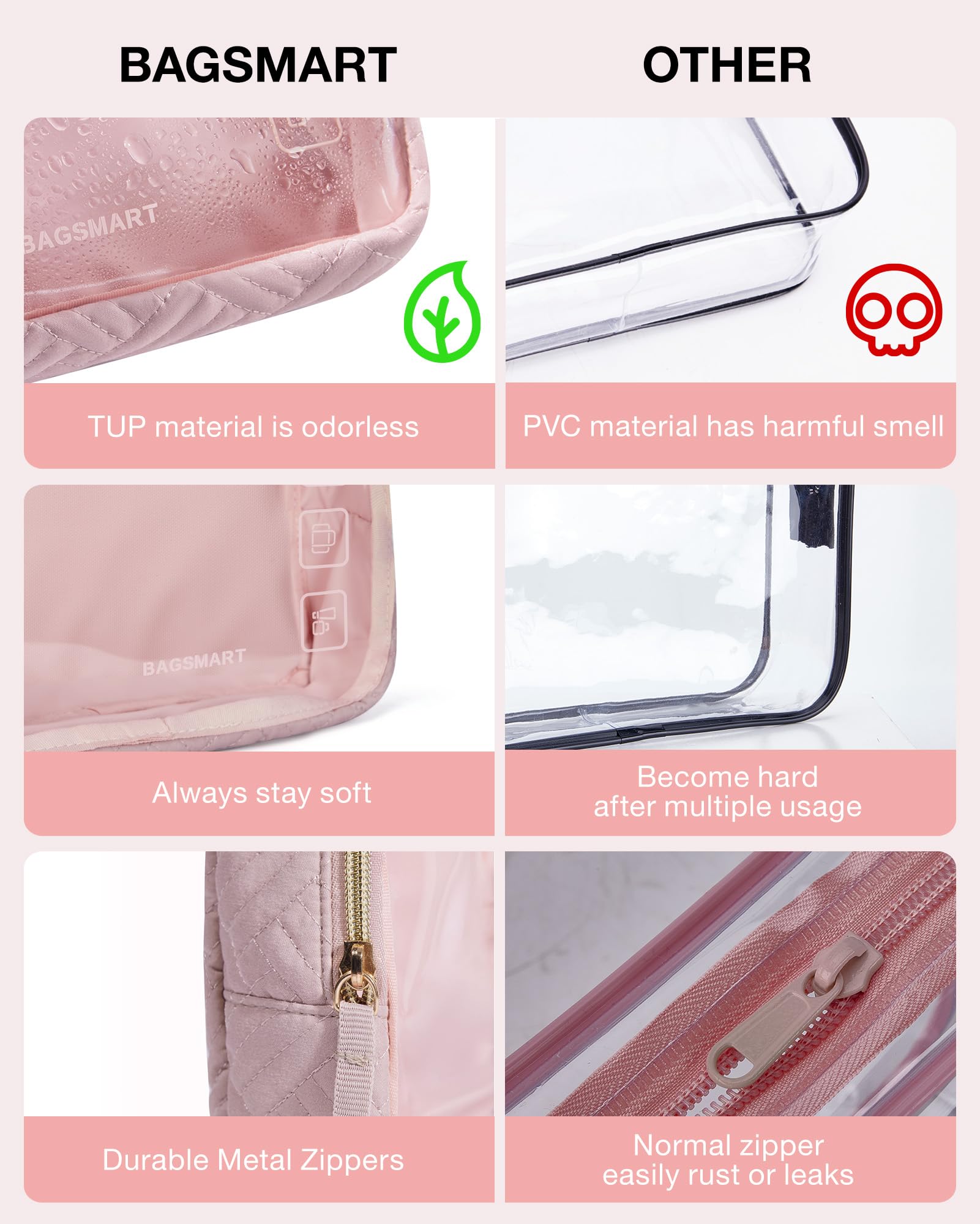 BAGSMART TSA Approved Toiletry Bag, 2 Pack Clear Makeup Cosmetic Bag Organizer, Quart Size Travel Bag for Toiletries, Carry-on Travel Accessories Essentials - Pink