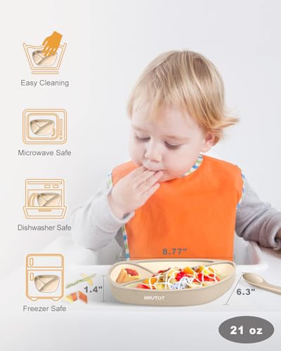 BRVTOT Newest Suction Plates for Baby & Toddler, 100% Food Grade Silicone Baby Plates with Spoon Set BPA Free, Feeding Divided Toddler Plate with Utensils for Led Weaning, Microwave & Dishwasher Safe