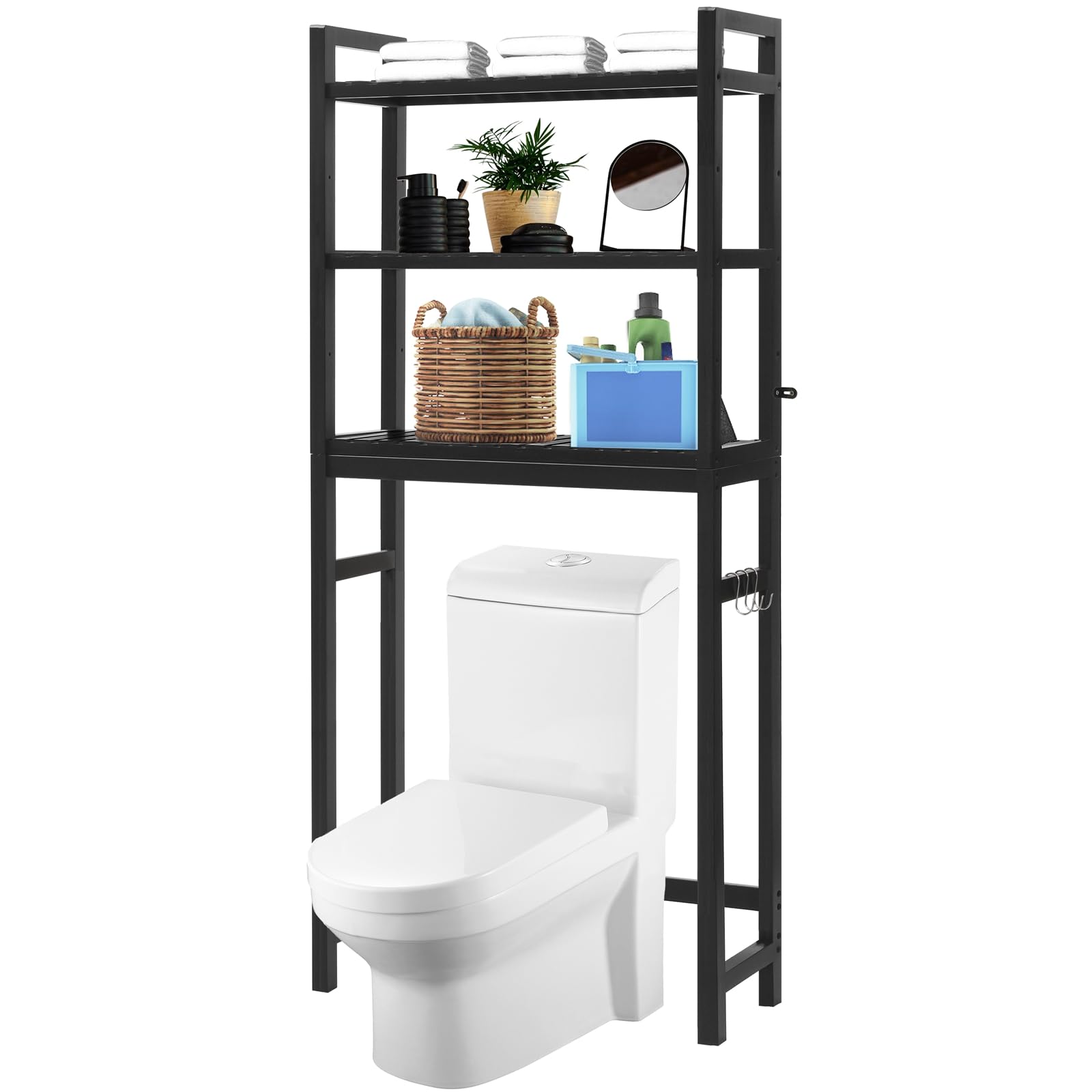 HITOMEN Over The Toilet Storage Cabinet, Bamboo Adjustable 3-Tier Above Toilet Shelf, Stable Freestanding Above Toilet Organizer with 3 Hooks for Bathroom Restroom Laundry Balcony, Black 67" H