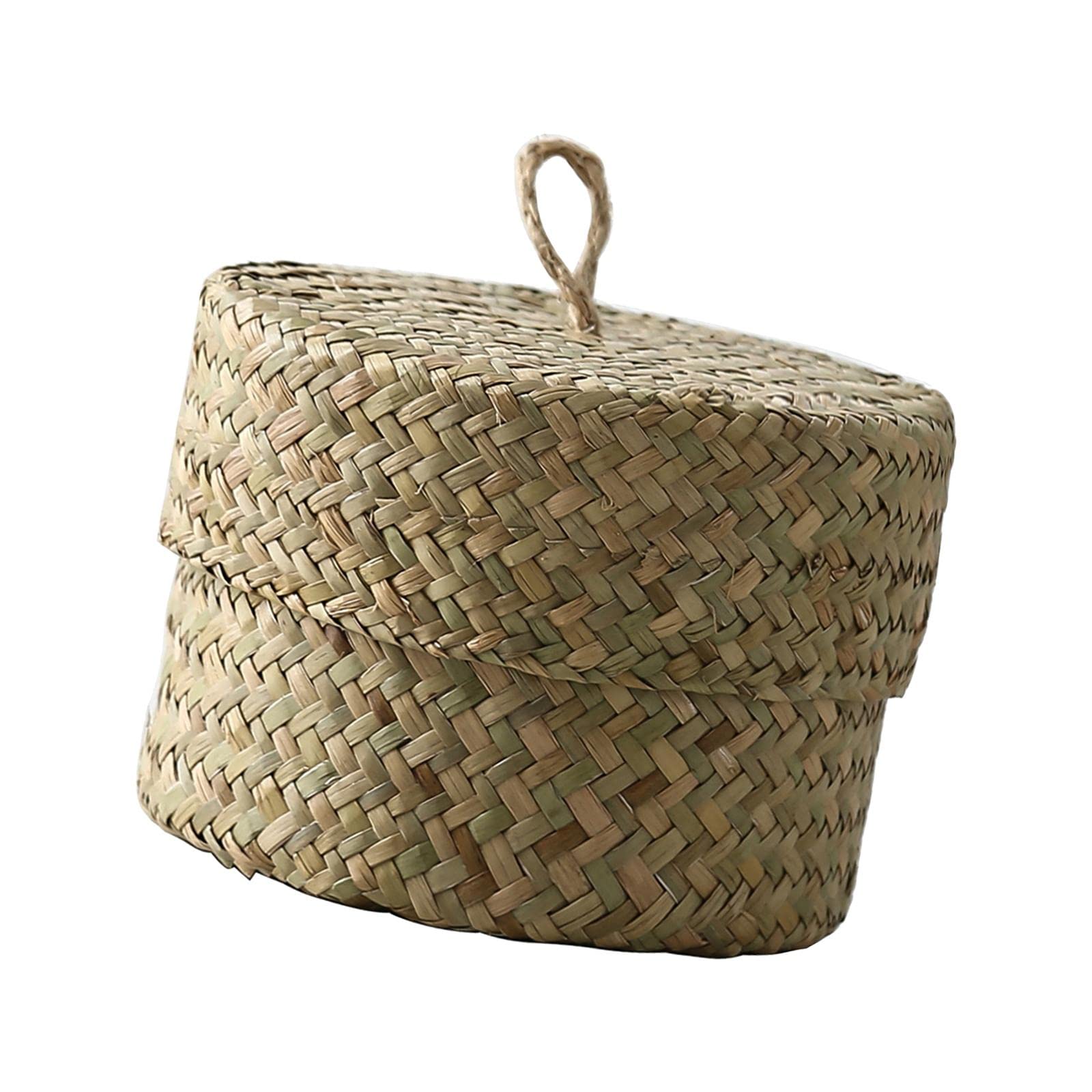 MagiDeal Seagrass Storage Basket with Lid Handmade Finishing Box Container Storage Box Candy Box