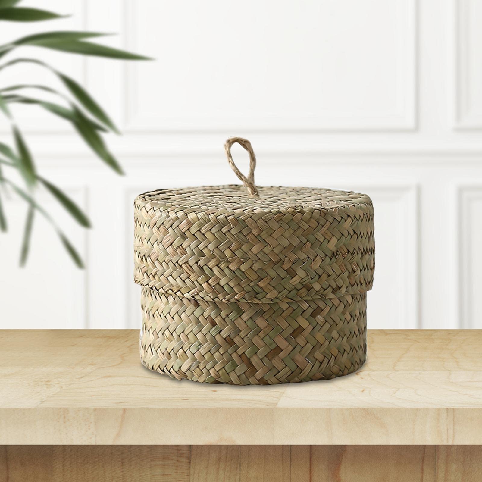 MagiDeal Seagrass Storage Basket with Lid Handmade Finishing Box Container Storage Box Candy Box