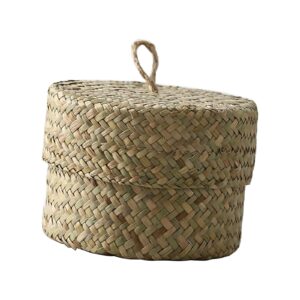 MagiDeal Seagrass Storage Basket with Lid Handmade Finishing Box Container Storage Box Candy Box