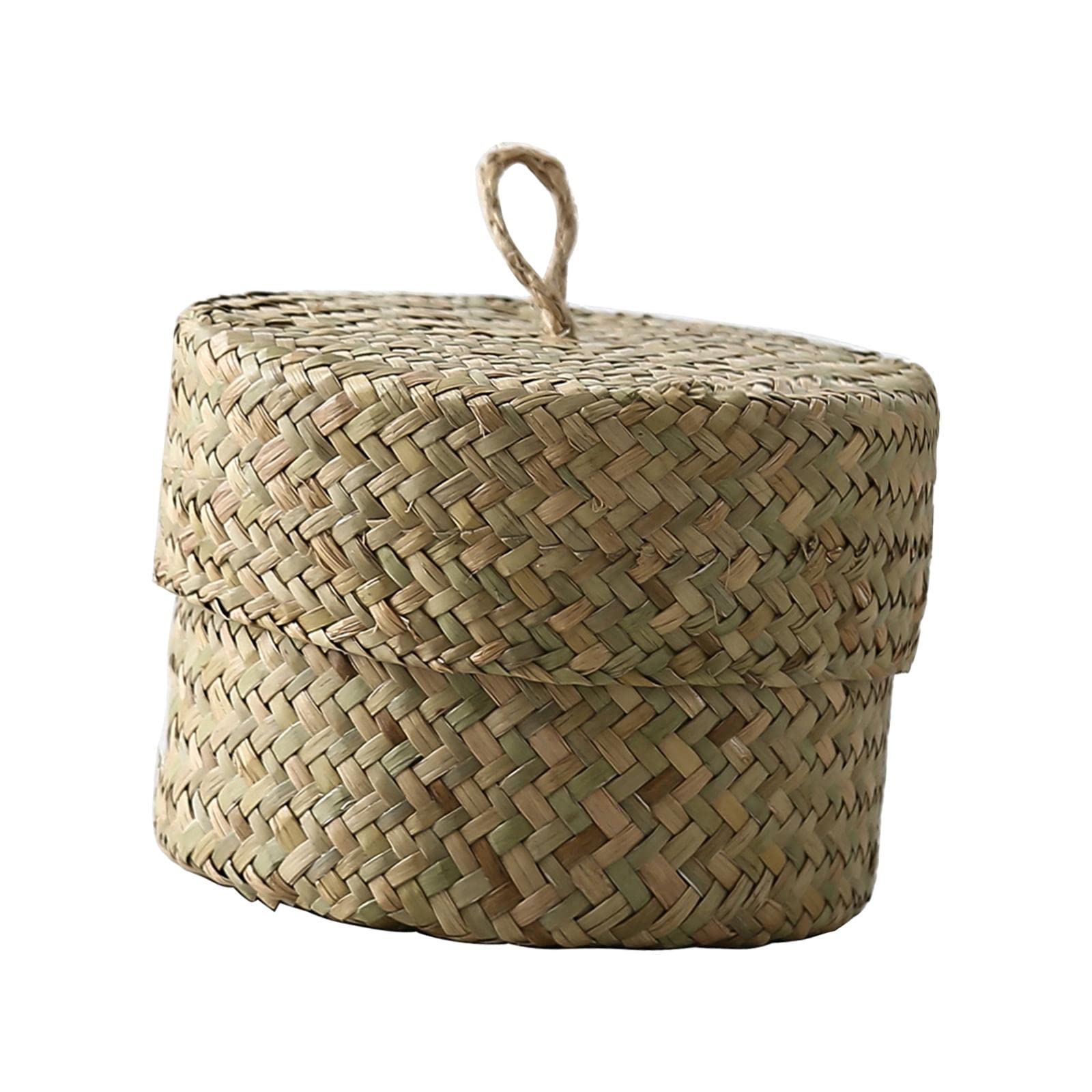 MagiDeal Seagrass Storage Basket with Lid Handmade Finishing Box Container Storage Box Candy Box