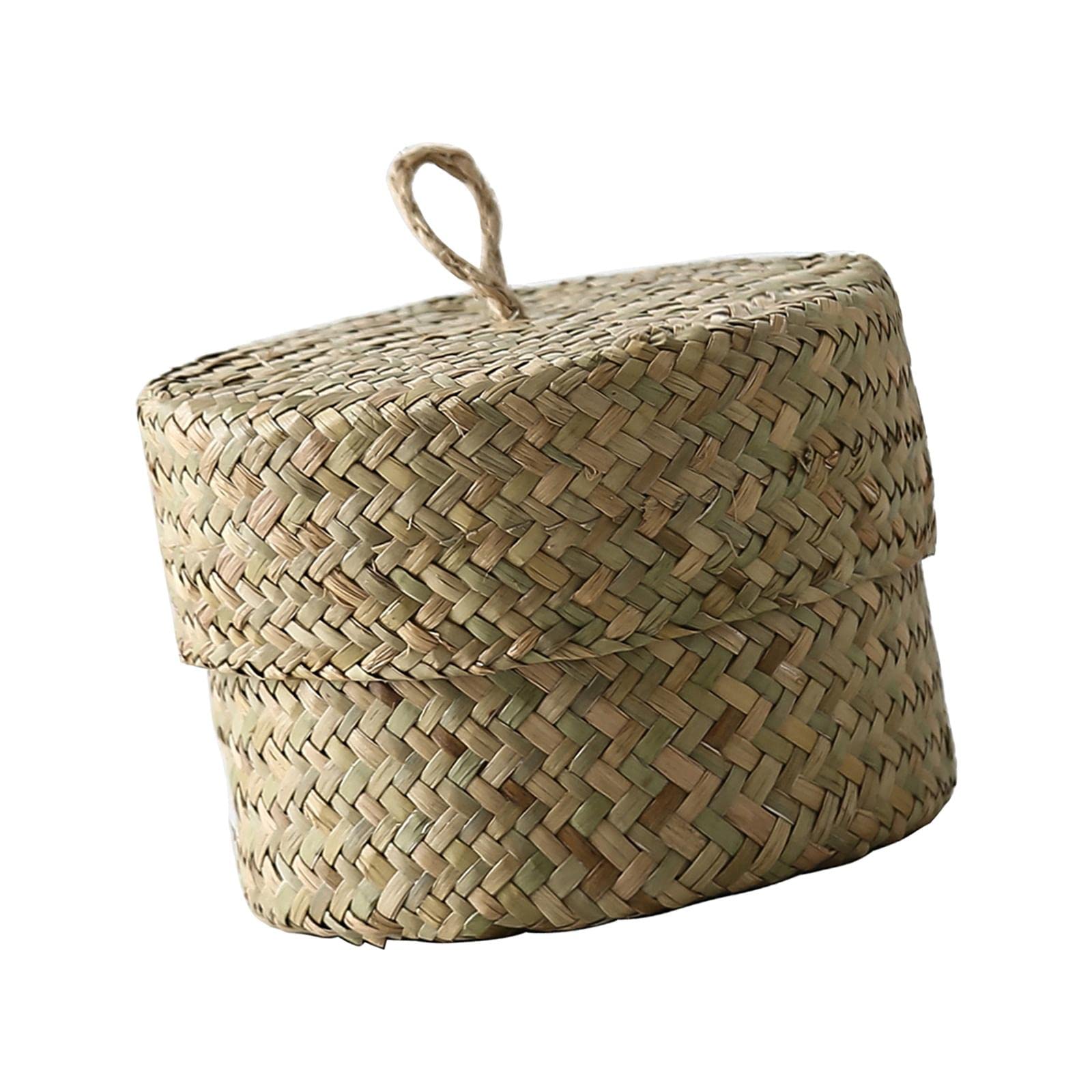 MagiDeal Seagrass Storage Basket with Lid Handmade Finishing Box Container Storage Box Candy Box