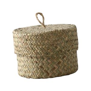 MagiDeal Seagrass Storage Basket with Lid Handmade Finishing Box Container Storage Box Candy Box