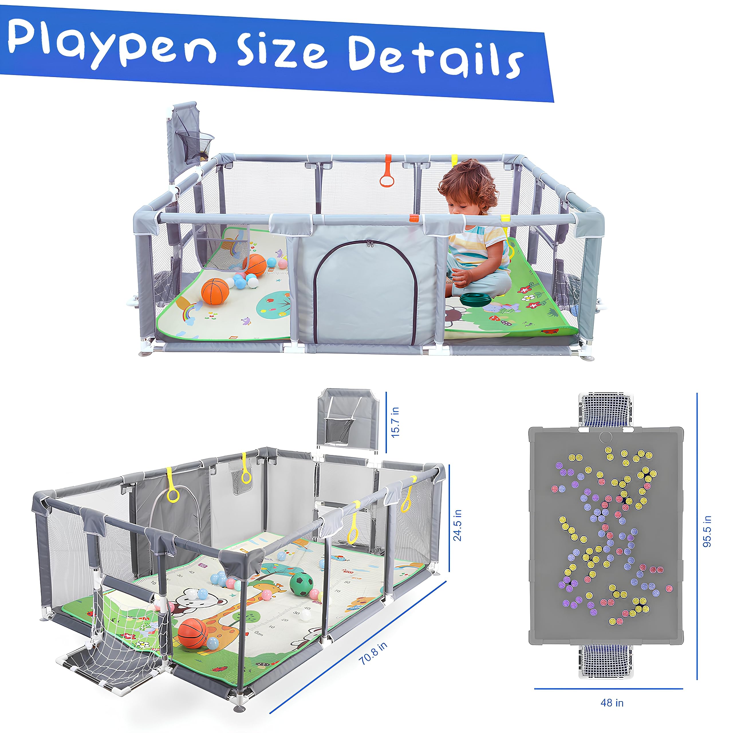 Upgrated Baby Playpen with Mat, Playpen for Babies and Toddlers, Large Playpen with Mat, Sport Playpen, Play Pen with Accessories, Baby Play Yards, PlayPen Indoor & Outdoor Activity, Sturdy Kids