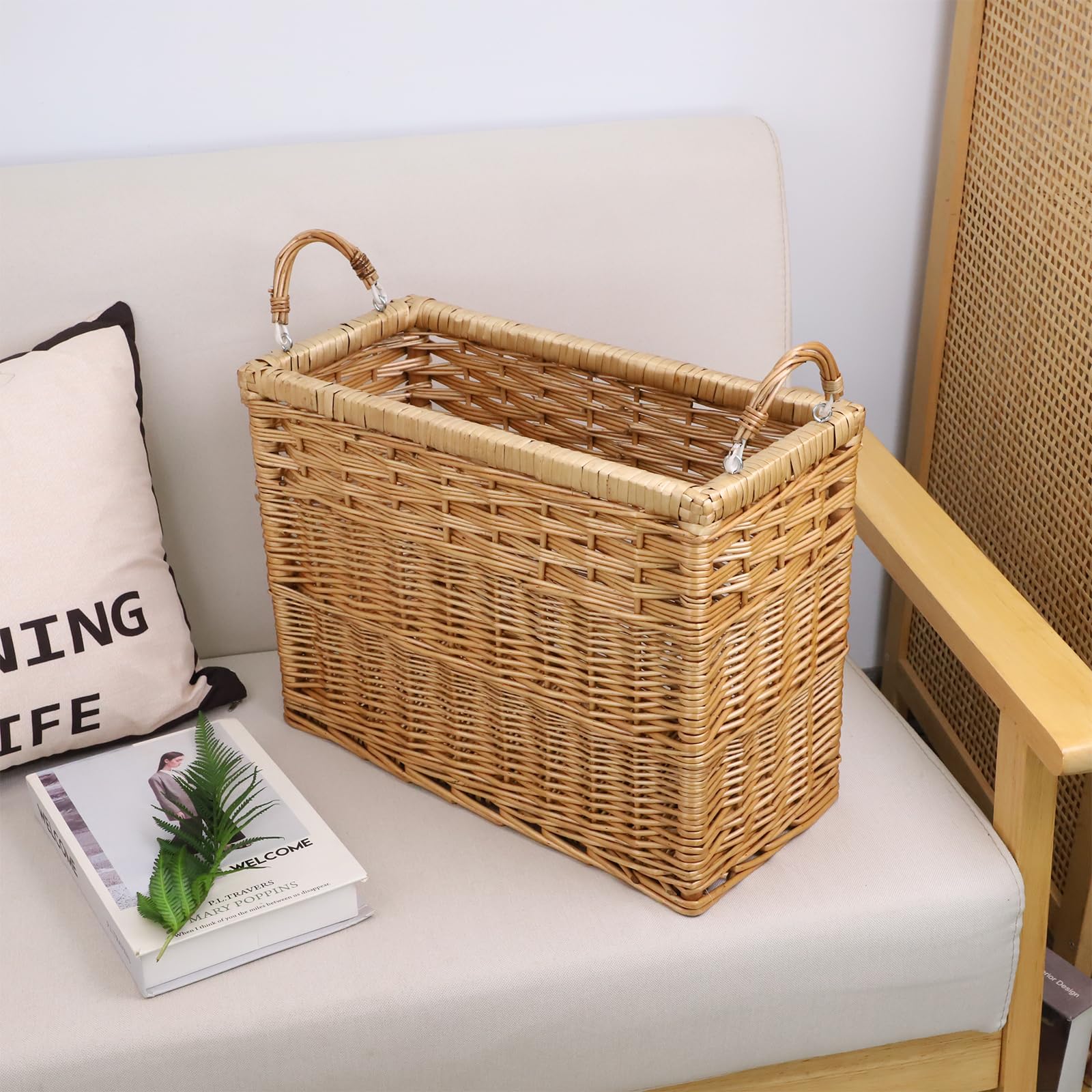 YAHUAN Natural Wicker Storage Basket with Built-in Handles Stair Basket Magazine Basket Large Wicker Baskets for storage Home Organizing Laundry (Wicker)