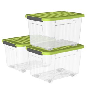 cetomo 35l*3 plastic storage box,transparent, tote box,organizing container with durable green lid and secure latching buckles, stackable and nestable, 3pack, with buckle