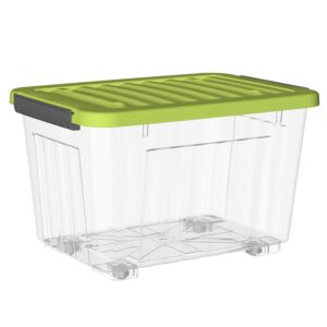 Cetomo 35L*3 Plastic Storage Box,Transparent, Tote box,Organizing Container with Durable green Lid and Secure Latching Buckles, Stackable and Nestable, 3Pack, with Buckle