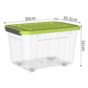 Cetomo 35L*3 Plastic Storage Box,Transparent, Tote box,Organizing Container with Durable green Lid and Secure Latching Buckles, Stackable and Nestable, 3Pack, with Buckle