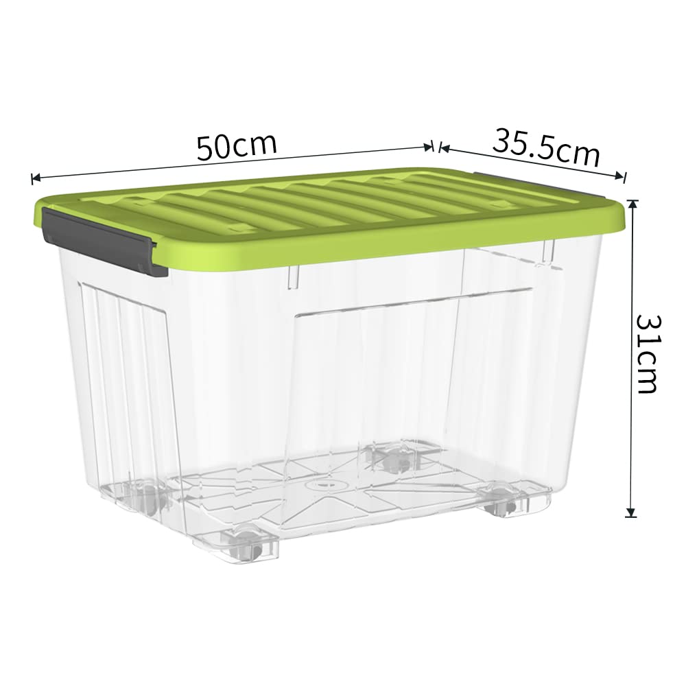 Cetomo 35L*3 Plastic Storage Box,Transparent, Tote box,Organizing Container with Durable green Lid and Secure Latching Buckles, Stackable and Nestable, 3Pack, with Buckle