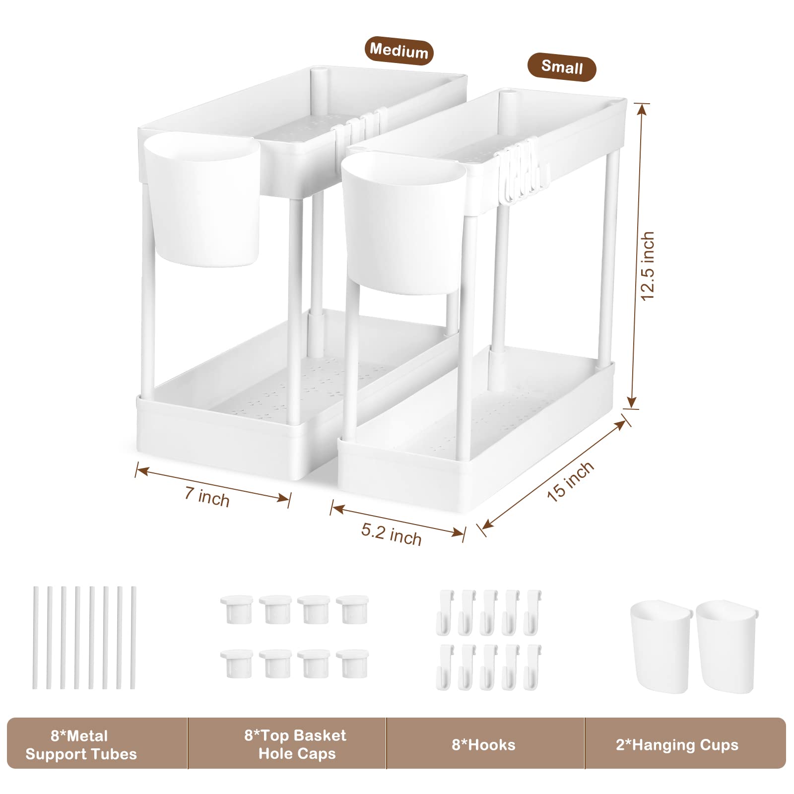 sagecapri 3 Pack Under Sink Organizer, 2 Tier Under Kitchen Bathroom Sink Storage with Hooks & Haning Cups, Multi-Purpose Cabinet Organization Basket Storage Shelf for Restroom Bedroom Living room