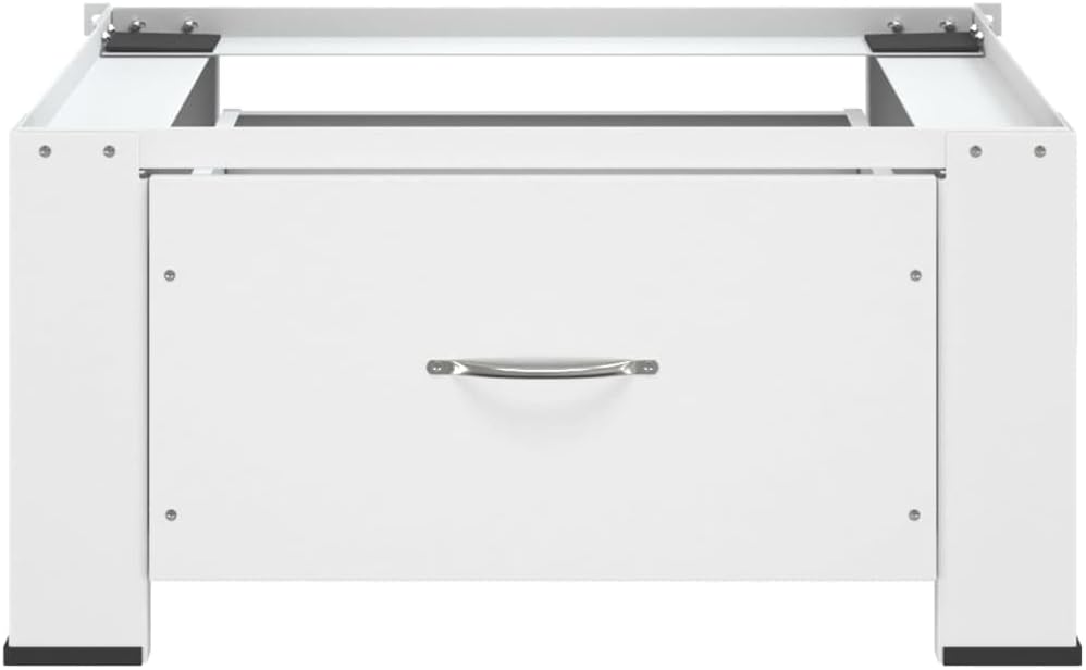 vidaXL Heavy-Duty Steel Washing Machine Pedestal with Storage Drawer - White, Suitable for All Standard Washing Machines and Dryers, Non-Slip and Scratch Protection Design