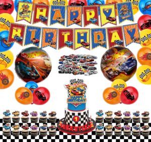 87pcs hot cars birthday party supplies,hot wheel party decorations includes birthday banners,cake toppers,cupcake toppers,teblecloth, sticker, latex balloons and foil balloon boys & girls party favor pack set