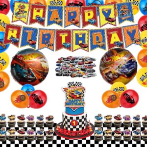 87Pcs Hot Cars Birthday Party Supplies,Hot Wheel Party Decorations Includes Birthday Banners,Cake Toppers,Cupcake Toppers,Teblecloth, Sticker, Latex Balloons and Foil Balloon Boys & Girls Party Favor Pack Set