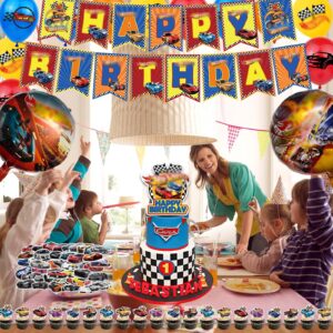 87Pcs Hot Cars Birthday Party Supplies,Hot Wheel Party Decorations Includes Birthday Banners,Cake Toppers,Cupcake Toppers,Teblecloth, Sticker, Latex Balloons and Foil Balloon Boys & Girls Party Favor Pack Set