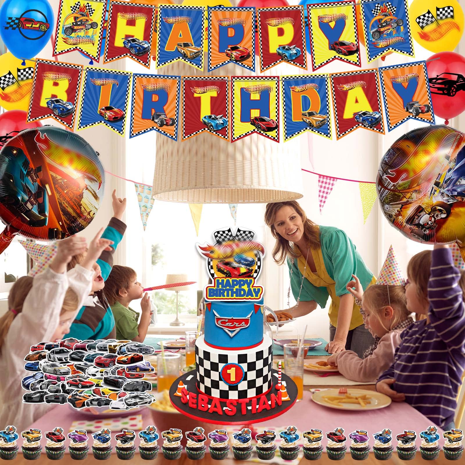 87Pcs Hot Cars Birthday Party Supplies,Hot Wheel Party Decorations Includes Birthday Banners,Cake Toppers,Cupcake Toppers,Teblecloth, Sticker, Latex Balloons and Foil Balloon Boys & Girls Party Favor Pack Set