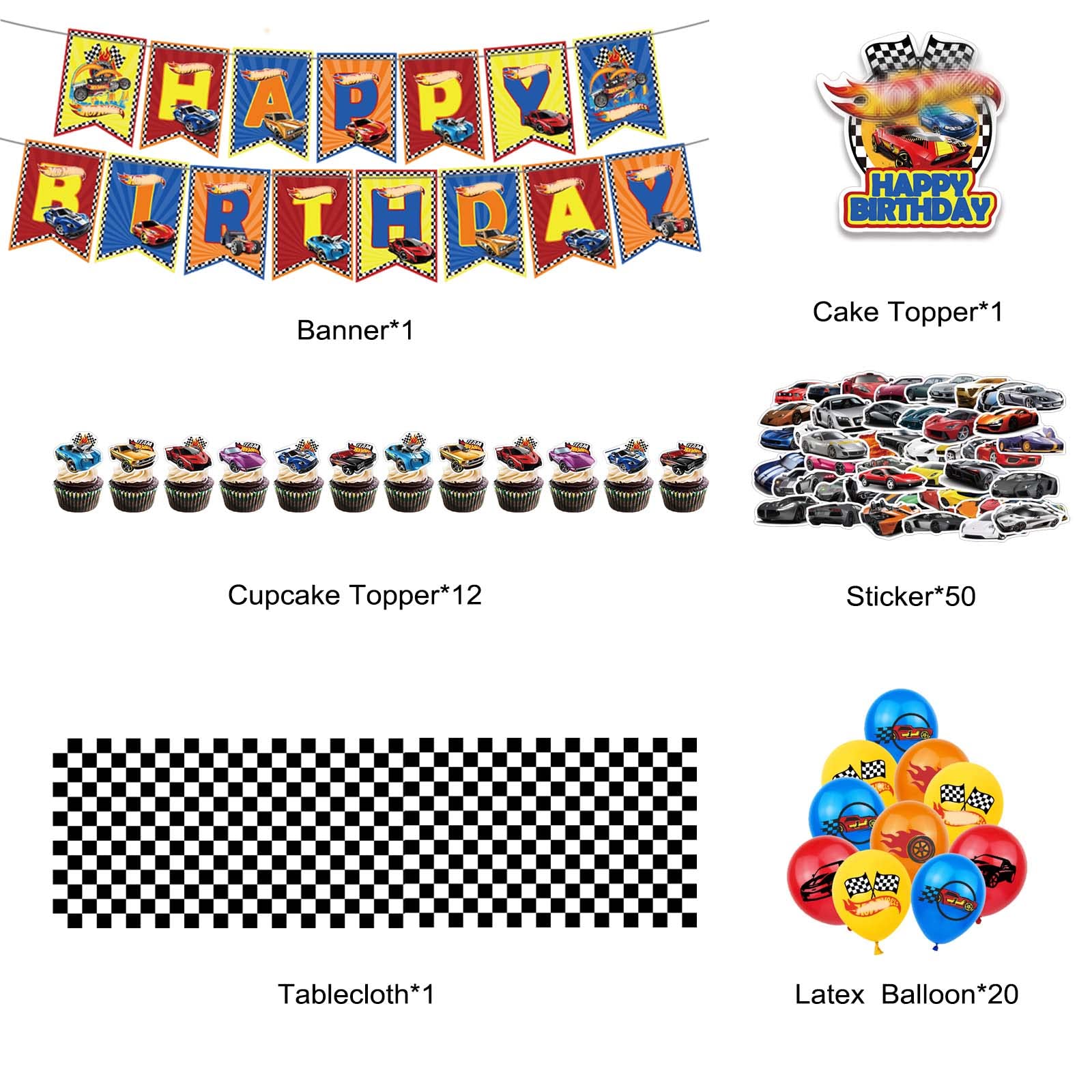 87Pcs Hot Cars Birthday Party Supplies,Hot Wheel Party Decorations Includes Birthday Banners,Cake Toppers,Cupcake Toppers,Teblecloth, Sticker, Latex Balloons and Foil Balloon Boys & Girls Party Favor Pack Set