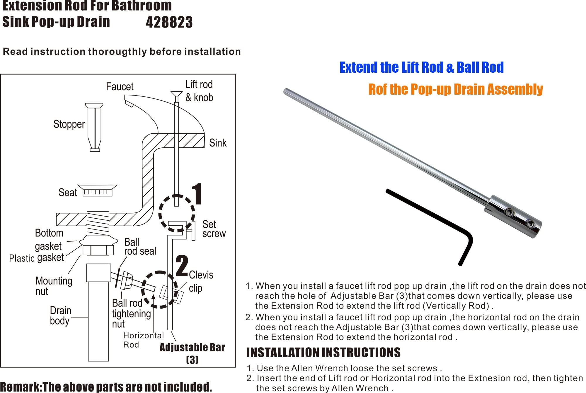 Extension Rod for Bathroom Pop-Up Vertical/Horizontal Rods, 6 Inch Pop Up Drain Extension Rod, Extension Rod for Sink Pop Up Drain Assembly by Artiwell, Chrome Plated