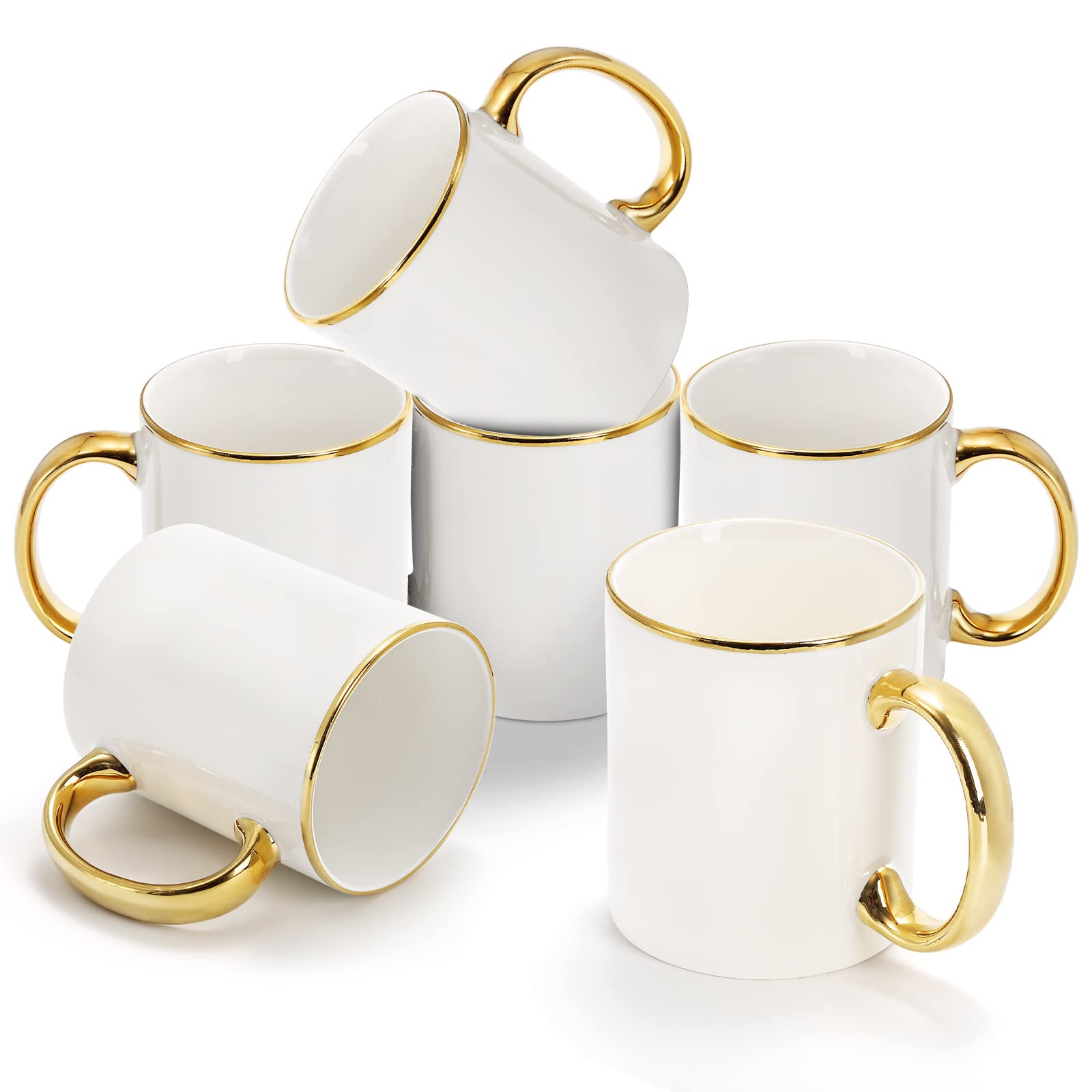 Fasmov 6 Pack Coffee Mugs, 11oz Ceramic Mug set Ceramic Cups for Coffee, latte, Cappuccino, Tea, Cocoa, Cereal, Hot Chocolate, Dishwasher Safe, White/Gold