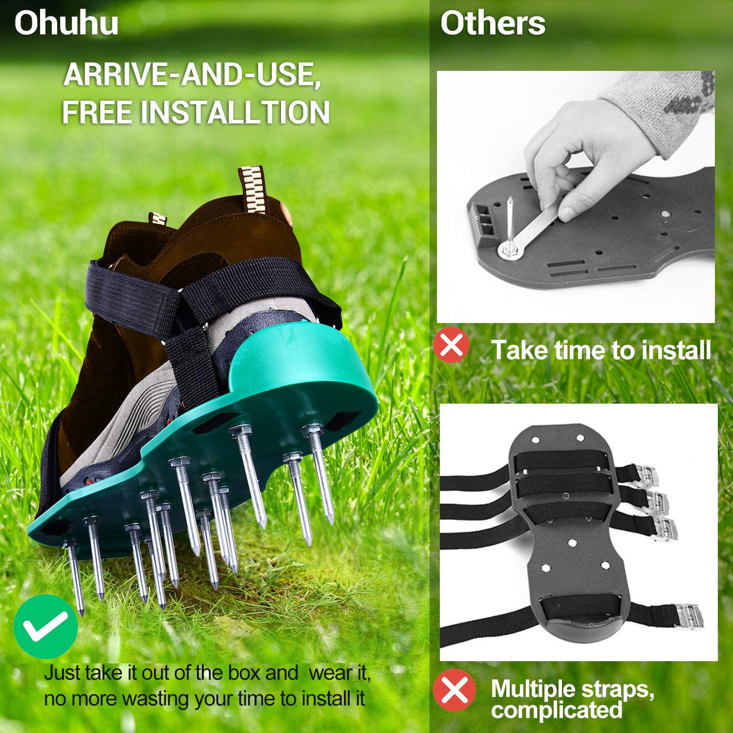 Ohuhu Lawn Aerator Shoes Free-Installation: Aeration Shoes for Men Women with Stainless Steel Shovel, Heavy Duty Spike Aerating Sandals Lawn Equipment Tool with Hook & Loop Strap for Yard Patio Garden