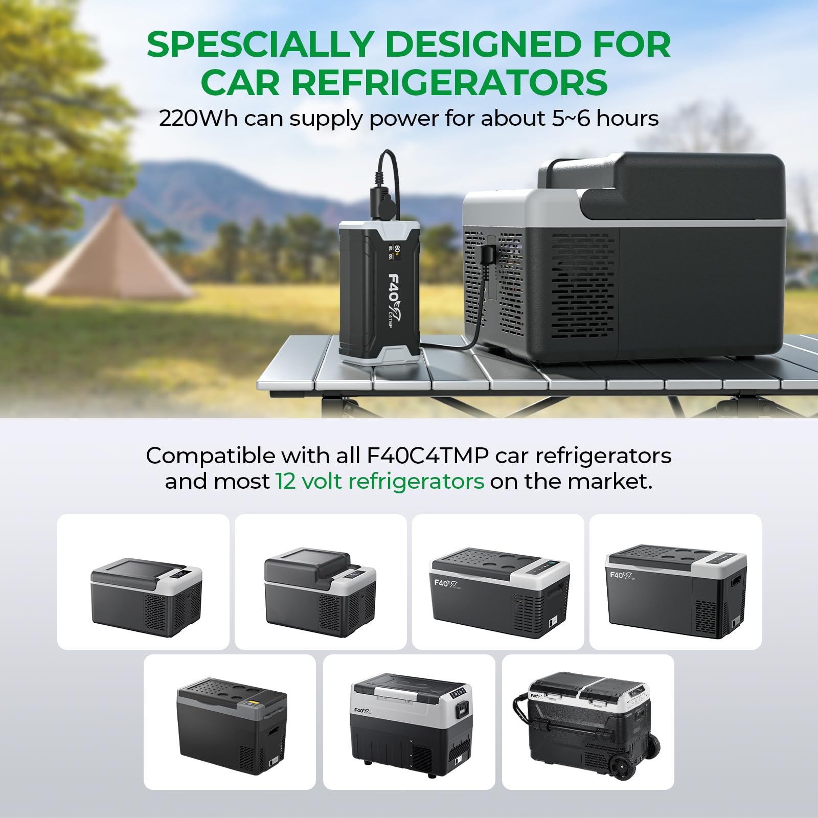 F40C4TMP Portable Power Station, 220Wh Backup Battery for Portable Refrigerator, External Supply Compatible with Most Car Freezers On The Market(Including The CRPRO Series)