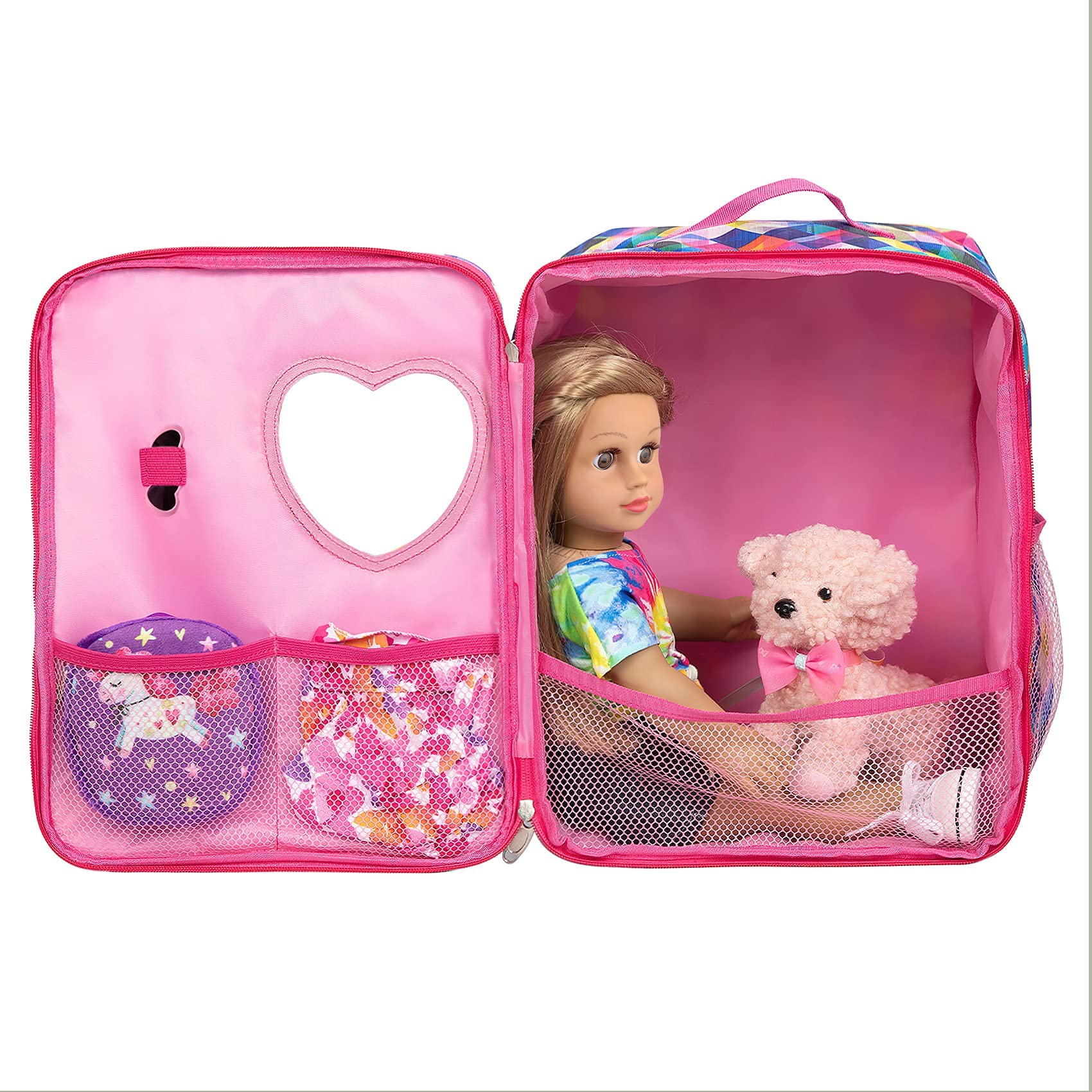 Ecore Fun 5 Items 18 inch Dolls Bag Set and Accessories Including 18 Inch Doll Clothes, Shoes, Sunglasses, Doll Backpack and Toy Dog