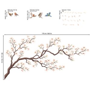 DECOWALL SG4-2213 Oriental Flower Tree Wall Stickers Decals White Cherry Blossom Peel and Stick Bedroom Living Room Flower murals décor Floral Bird Furniture Art Removable Nursery Baby Birch