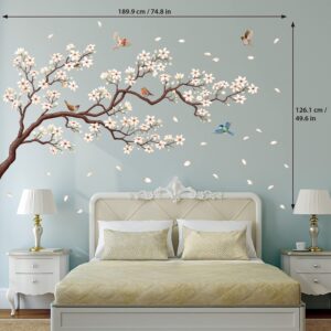 DECOWALL SG4-2213 Oriental Flower Tree Wall Stickers Decals White Cherry Blossom Peel and Stick Bedroom Living Room Flower murals décor Floral Bird Furniture Art Removable Nursery Baby Birch