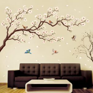 DECOWALL SG4-2213 Oriental Flower Tree Wall Stickers Decals White Cherry Blossom Peel and Stick Bedroom Living Room Flower murals décor Floral Bird Furniture Art Removable Nursery Baby Birch