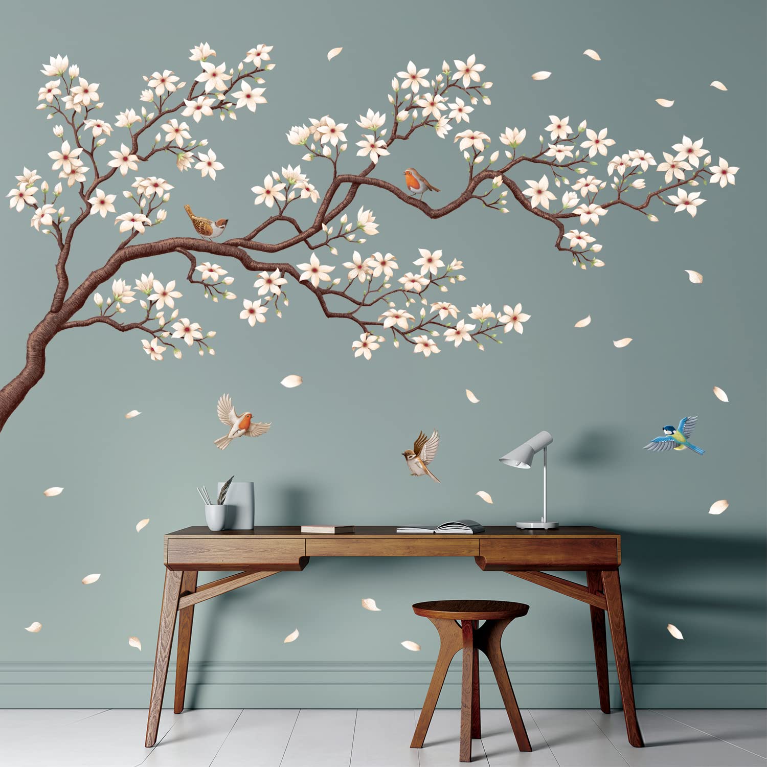 DECOWALL SG4-2213 Oriental Flower Tree Wall Stickers Decals White Cherry Blossom Peel and Stick Bedroom Living Room Flower murals décor Floral Bird Furniture Art Removable Nursery Baby Birch