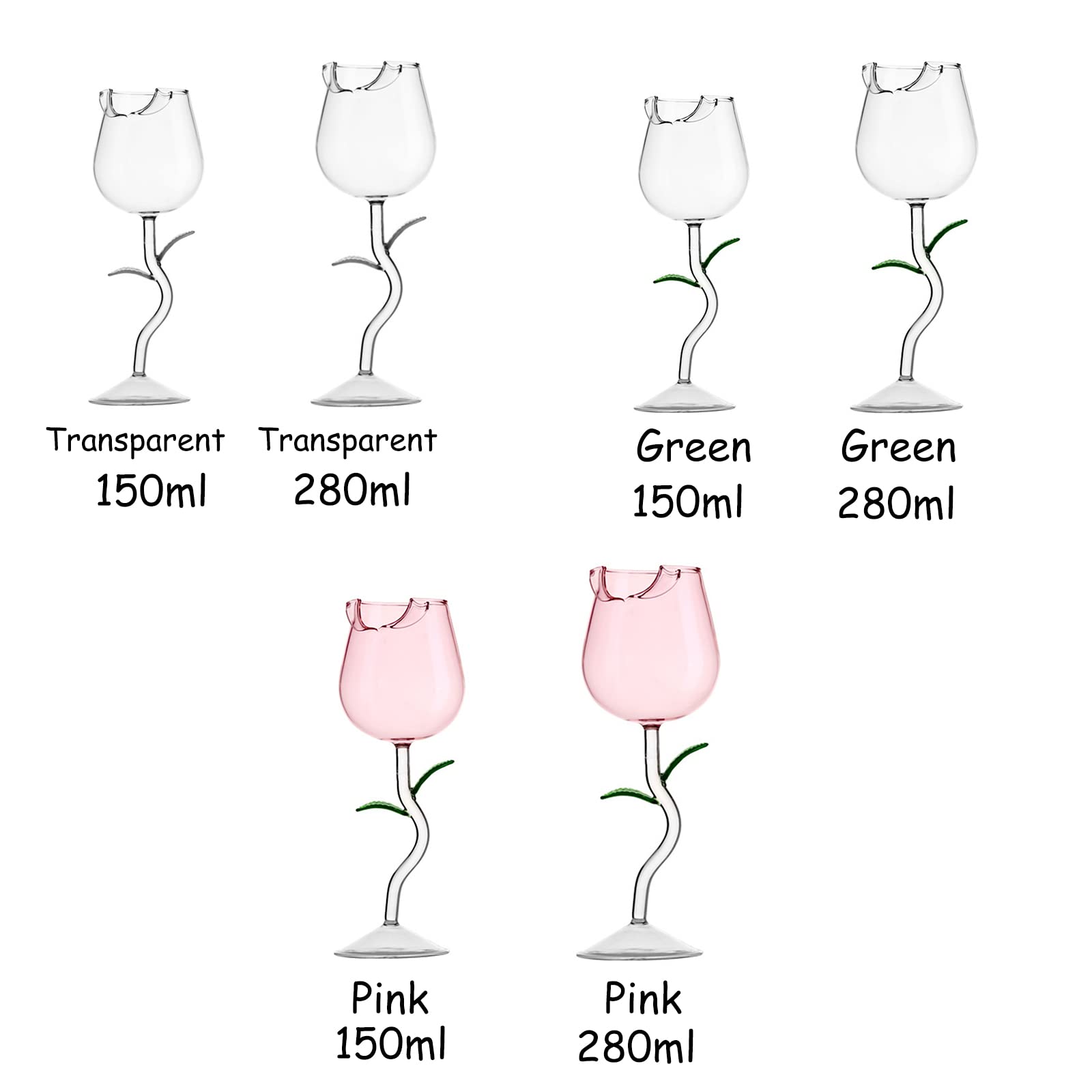 LIBOOI Glass Wine Glasses, Rose Flower Shaped Goblet Wine Cocktail Martini Glass, Transparent Red Wine Glass, for Party Candlelight Dinner Wedding Bar (Pink, 280ml)