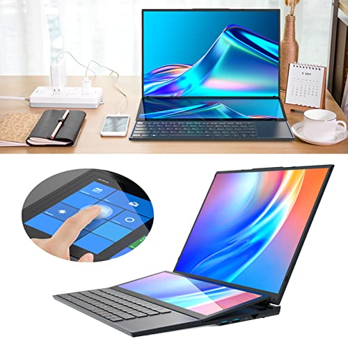 Qinlorgo 16in 14in Dual Screen Laptop, 512GB PCIe NVMe M.2 SSD Dual Touch Display Screen Laptop for Intel for Core I7 CPU 32GB DDR4 RAM 100‑240V for Office (US Plug)