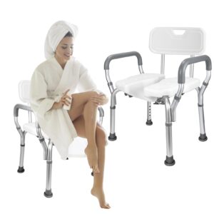 retoreath shower chair with back and arms, slip resistant bath chair with adjustable height, u-shape groove cutout for private cleaning, for handicap, disabled, seniors & elderly