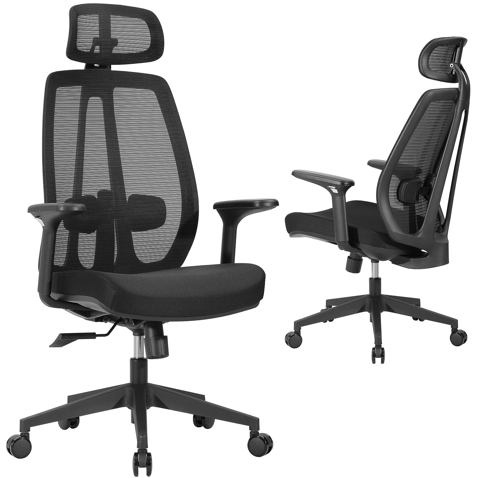 Ergonomic Mesh Office Chair, High Back Big and Tall Desk Chair with Adjustable Lumbar Support and Headrest, Tilt Function Swivel Rolling Computer Chair with 2D Armrest and PU Wheels