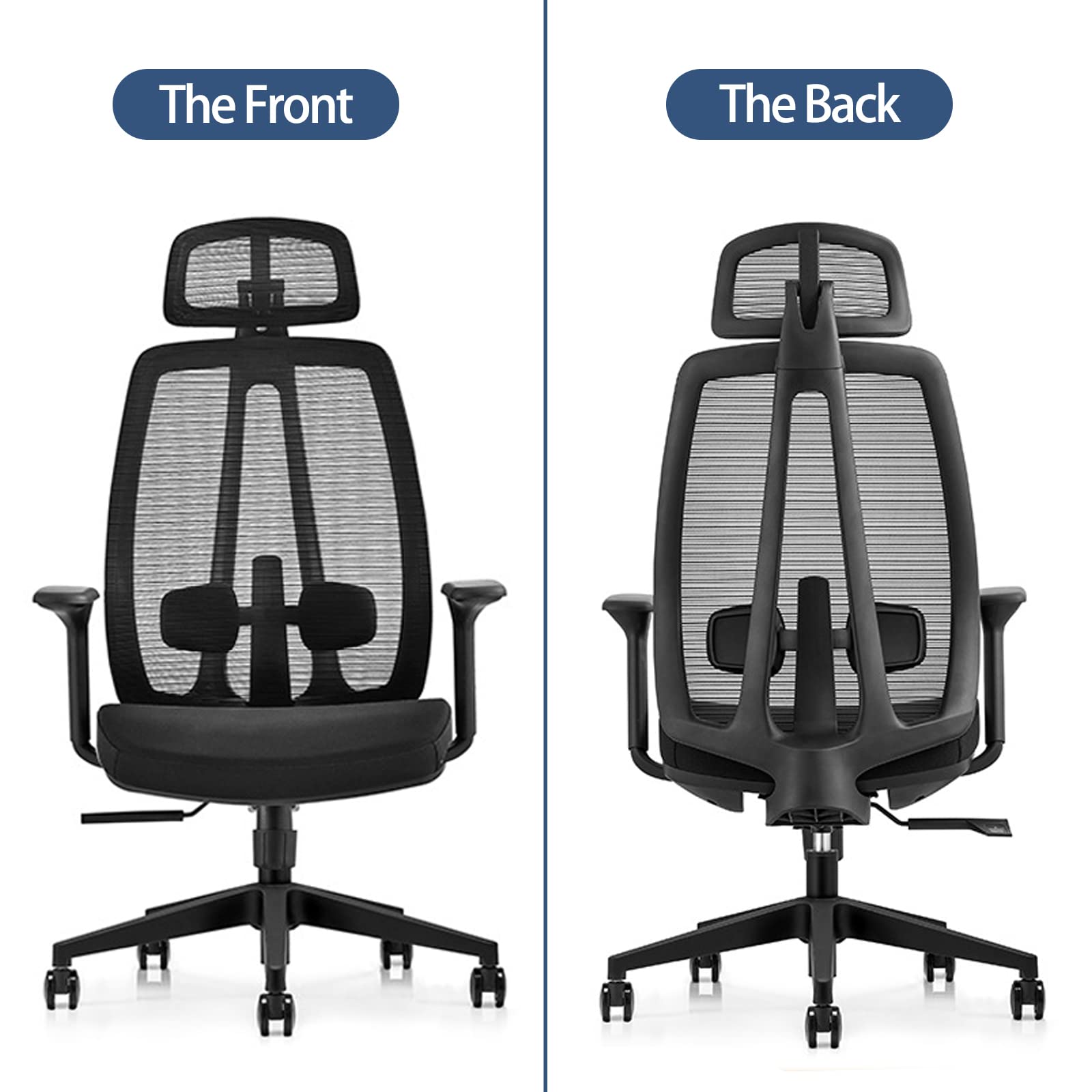 Ergonomic Mesh Office Chair, High Back Big and Tall Desk Chair with Adjustable Lumbar Support and Headrest, Tilt Function Swivel Rolling Computer Chair with 2D Armrest and PU Wheels