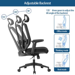 Ergonomic Mesh Office Chair, High Back Big and Tall Desk Chair with Adjustable Lumbar Support and Headrest, Tilt Function Swivel Rolling Computer Chair with 2D Armrest and PU Wheels