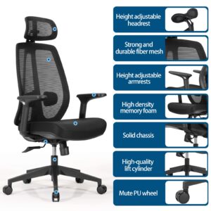 Ergonomic Mesh Office Chair, High Back Big and Tall Desk Chair with Adjustable Lumbar Support and Headrest, Tilt Function Swivel Rolling Computer Chair with 2D Armrest and PU Wheels