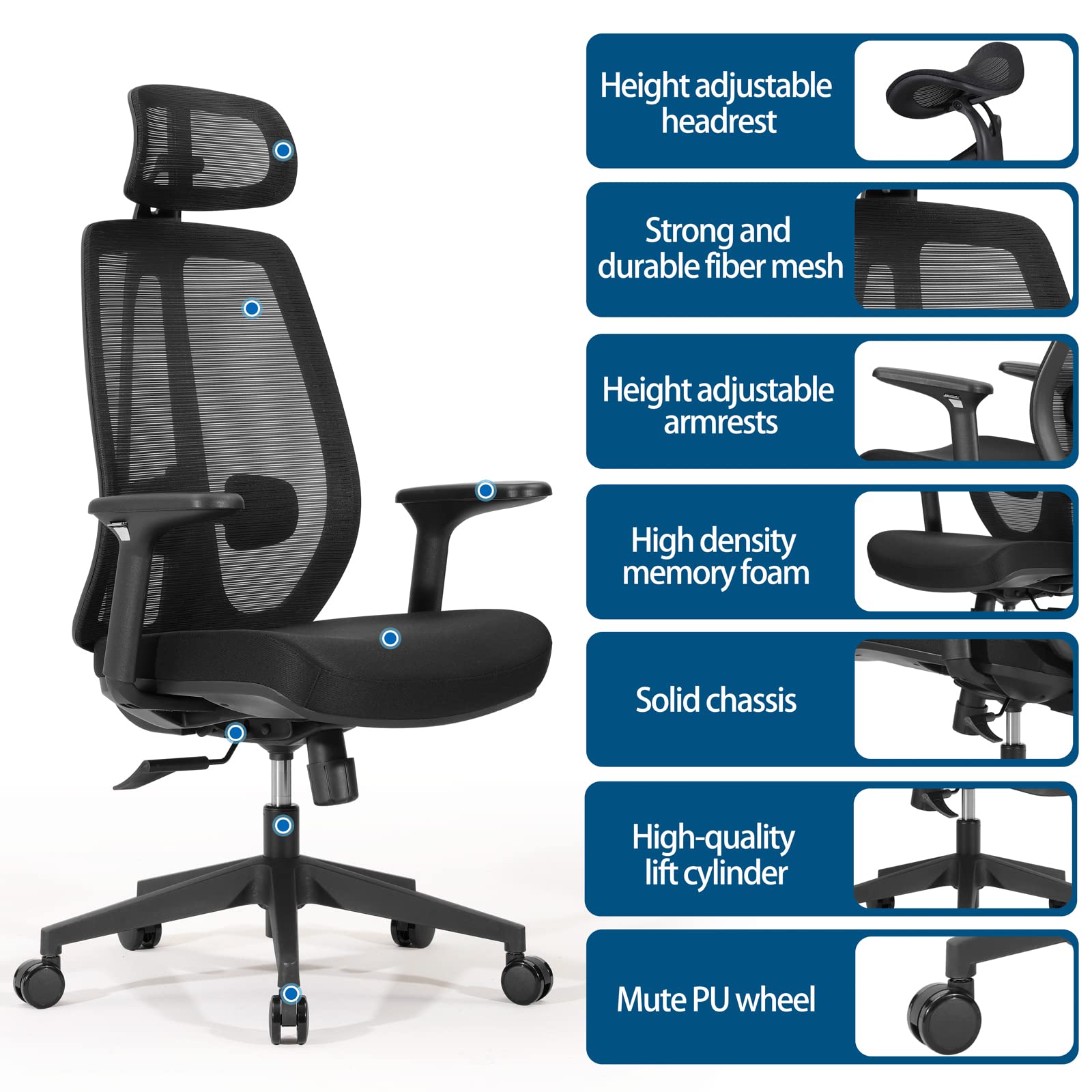 Ergonomic Mesh Office Chair, High Back Big and Tall Desk Chair with Adjustable Lumbar Support and Headrest, Tilt Function Swivel Rolling Computer Chair with 2D Armrest and PU Wheels