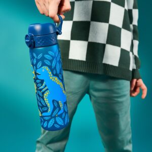 ION8 Water Bottle, 500 ml/18 oz, Leak Proof, Easy to Open, Secure Lock, Dishwasher Safe, BPA Free, Hygienic Flip Cover, Carry Handle, Easy Clean, Odor Free, Carbon Neutral, Deep Teal, Dinosaurs Design