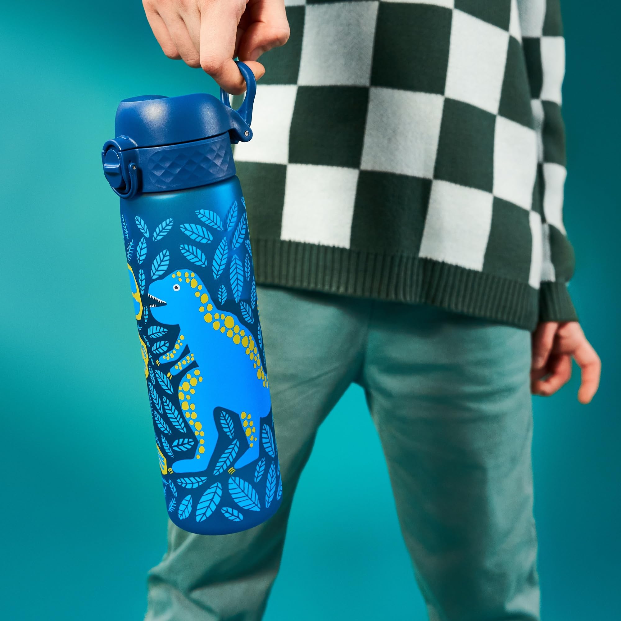 ION8 Water Bottle, 500 ml/18 oz, Leak Proof, Easy to Open, Secure Lock, Dishwasher Safe, BPA Free, Hygienic Flip Cover, Carry Handle, Easy Clean, Odor Free, Carbon Neutral, Deep Teal, Dinosaurs Design