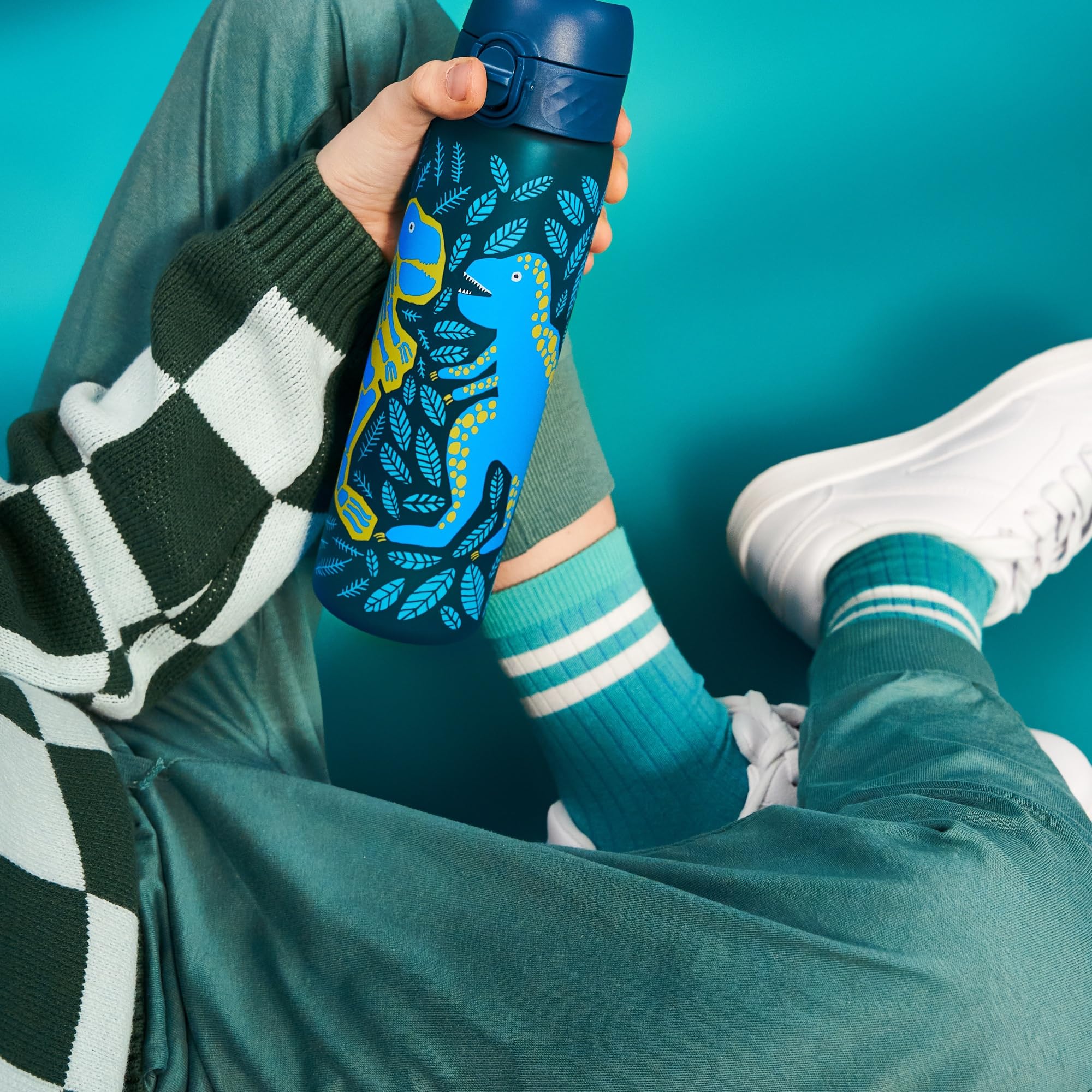 ION8 Water Bottle, 500 ml/18 oz, Leak Proof, Easy to Open, Secure Lock, Dishwasher Safe, BPA Free, Hygienic Flip Cover, Carry Handle, Easy Clean, Odor Free, Carbon Neutral, Deep Teal, Dinosaurs Design