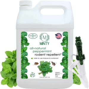 minty rodent repellent, natural 5% peppermint oil spray for mice, rats, chipmunks and rodents, indoor and outdoor, house and car engine use, 128 fl oz gallon