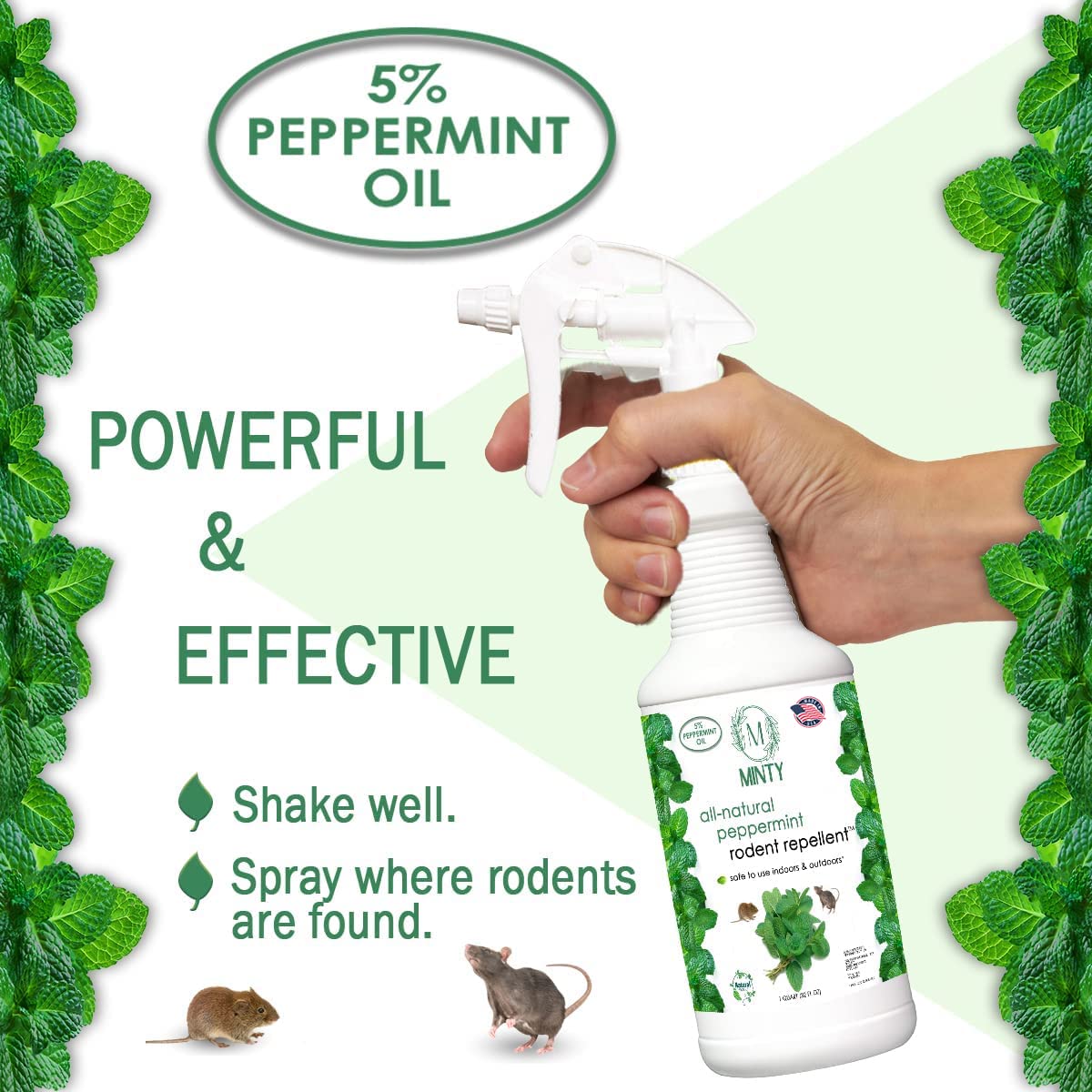 Minty Rodent Repellent, Natural 5% Peppermint Oil Spray for Mice, Rats, Chipmunks and Rodents, Indoor and Outdoor, House and Car Engine Use, 128 fl oz Gallon