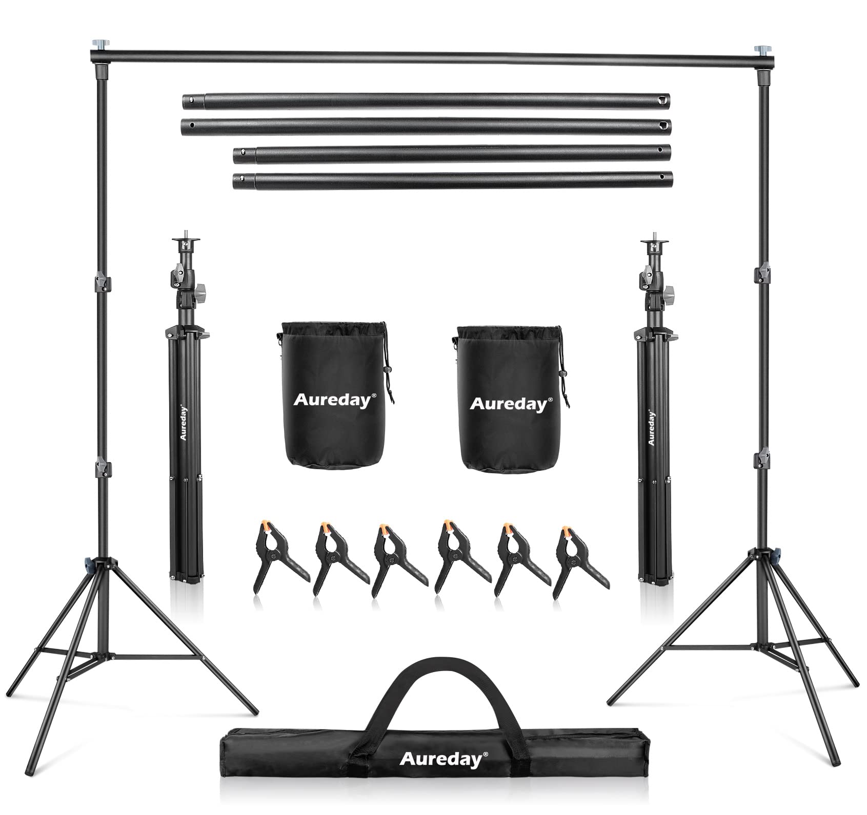 Aureday Backdrop Stand, 8.5x10Ft Adjustable Photo Backdrop Stand Kit with 4 Crossbars, 6 Background Clamps, 2 Sandbags, and Carrying Bag for Parties/Wedding/Photography/Festival Decoration