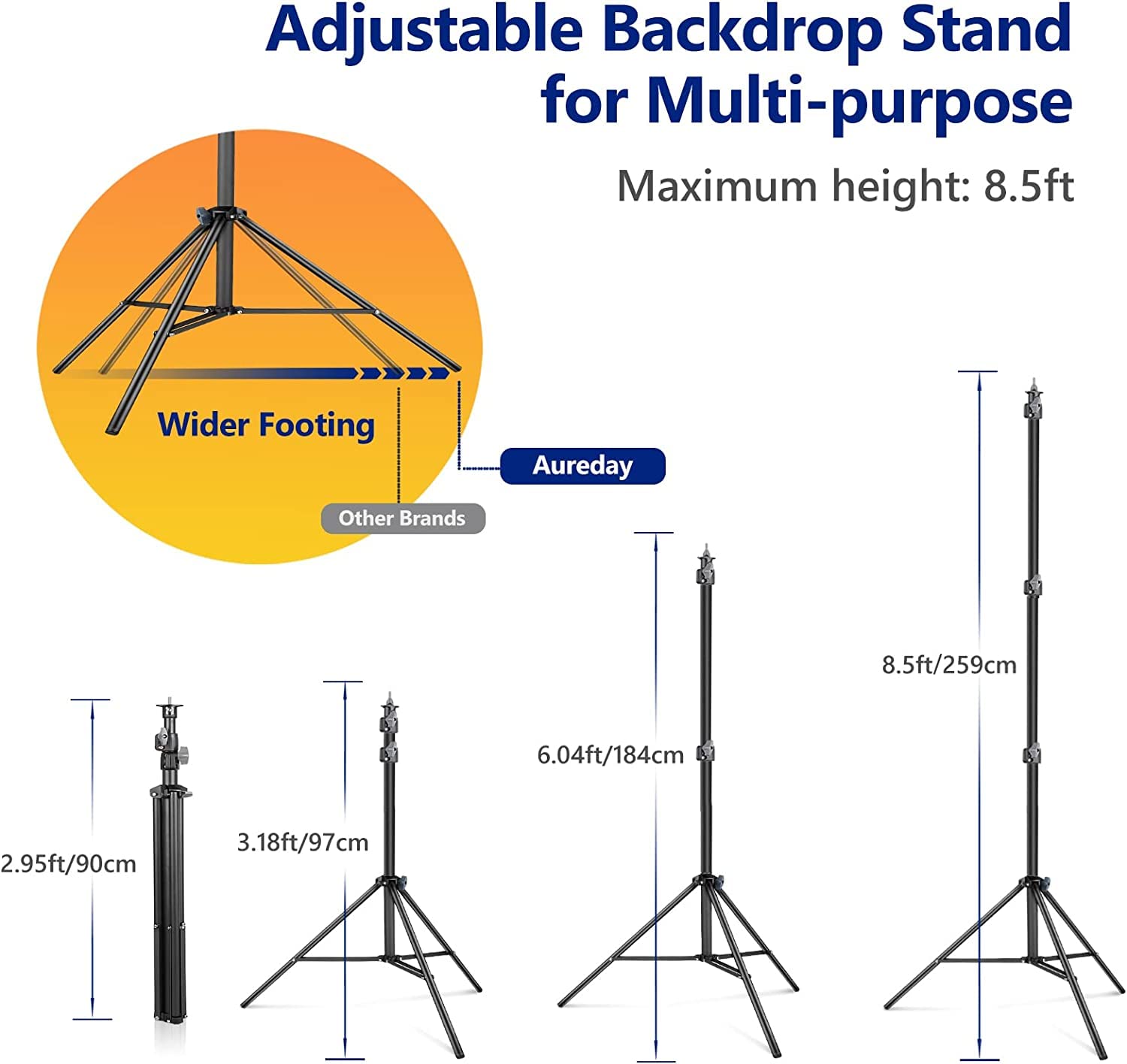 Aureday Backdrop Stand, 8.5x10Ft Adjustable Photo Backdrop Stand Kit with 4 Crossbars, 6 Background Clamps, 2 Sandbags, and Carrying Bag for Parties/Wedding/Photography/Festival Decoration