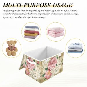 Shabby Chic Pink Rose Storage Bin with Lid Large Oxford Cloth Storage Boxes Foldable Home Cube Baskets Closet Organizers for Nursery Bedroom Office