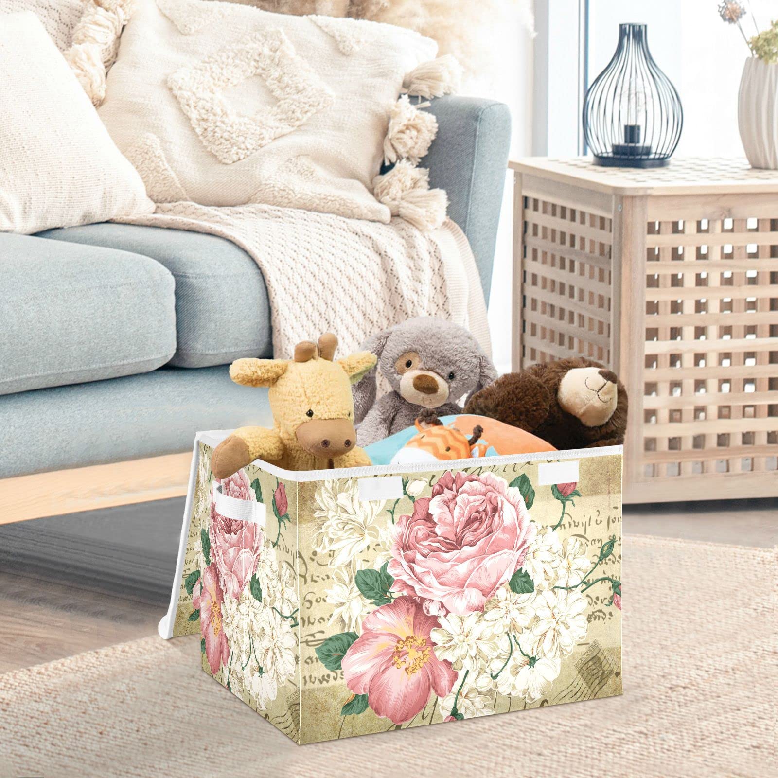 Shabby Chic Pink Rose Storage Bin with Lid Large Oxford Cloth Storage Boxes Foldable Home Cube Baskets Closet Organizers for Nursery Bedroom Office