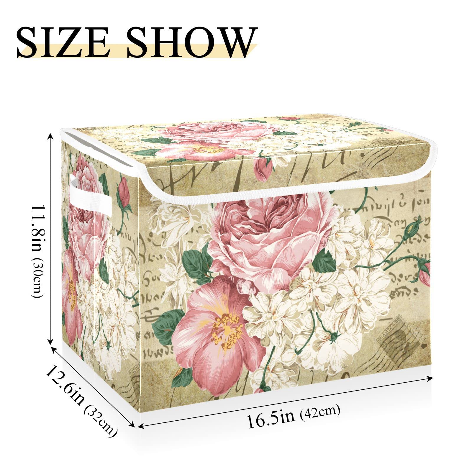 Shabby Chic Pink Rose Storage Bin with Lid Large Oxford Cloth Storage Boxes Foldable Home Cube Baskets Closet Organizers for Nursery Bedroom Office